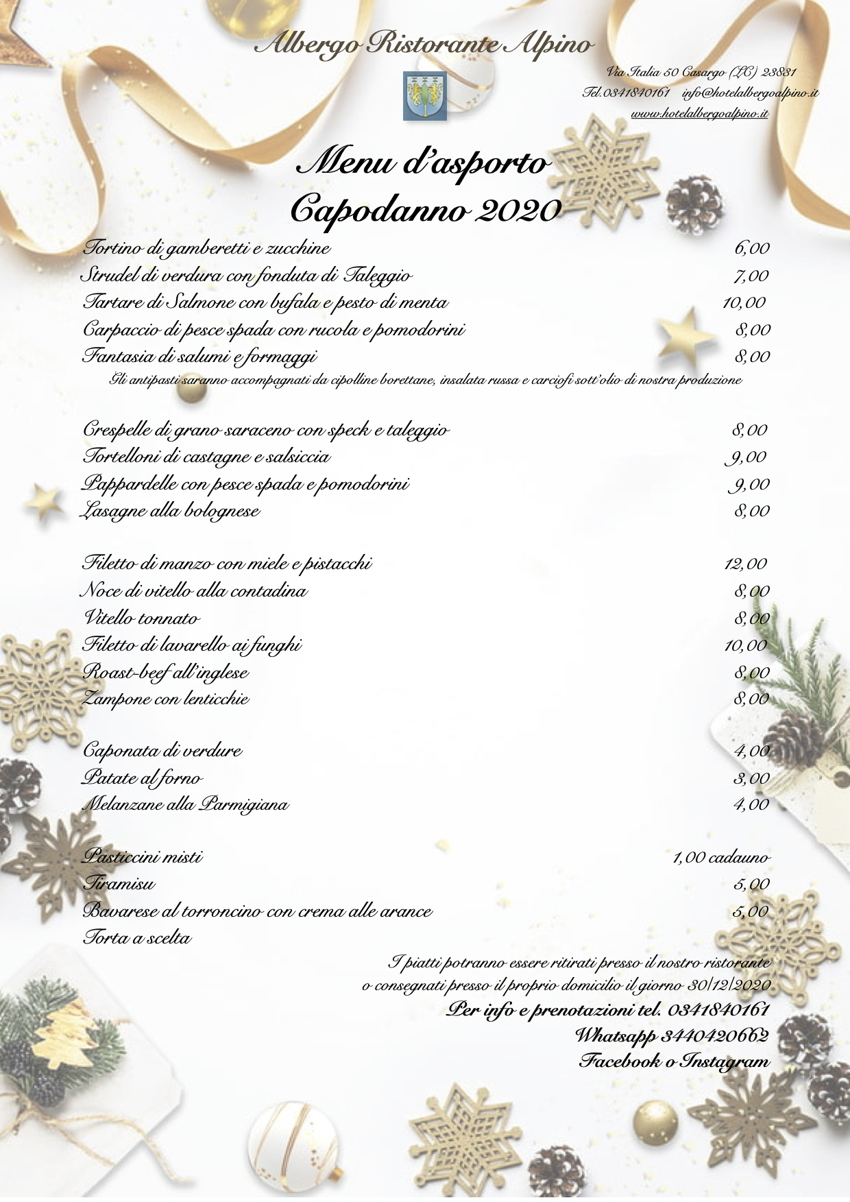 Menù di Capodanno all'Albergo Alpino - Lago di Como e Valsassina