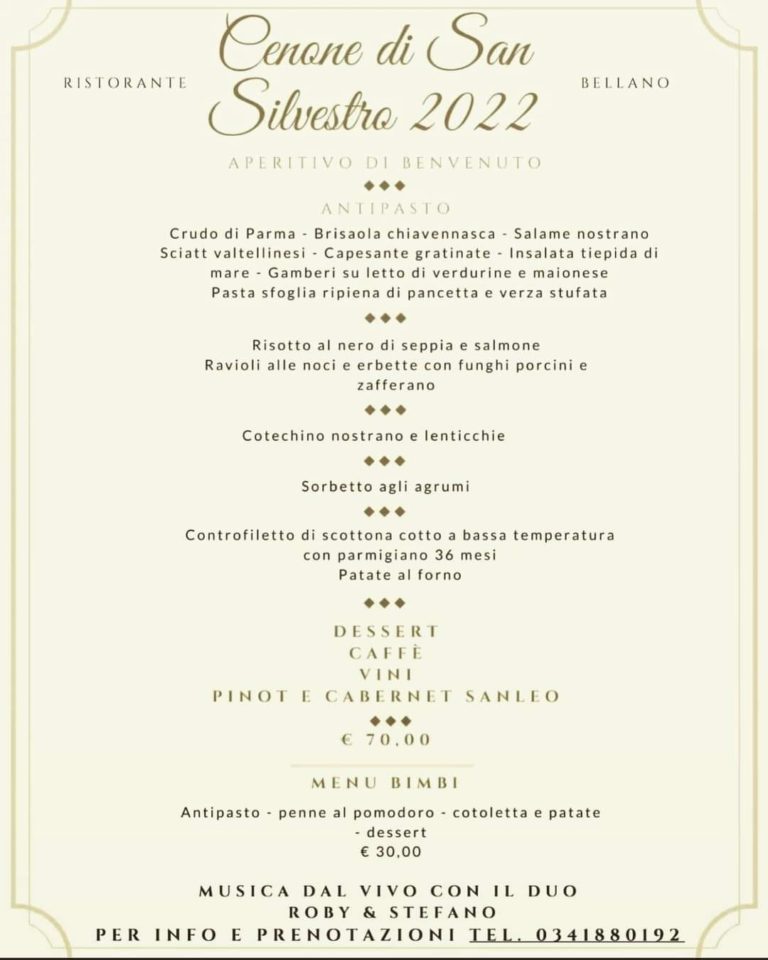 Menù di Capodanno al Ristorante Bellano - Lago di Como e Valsassina