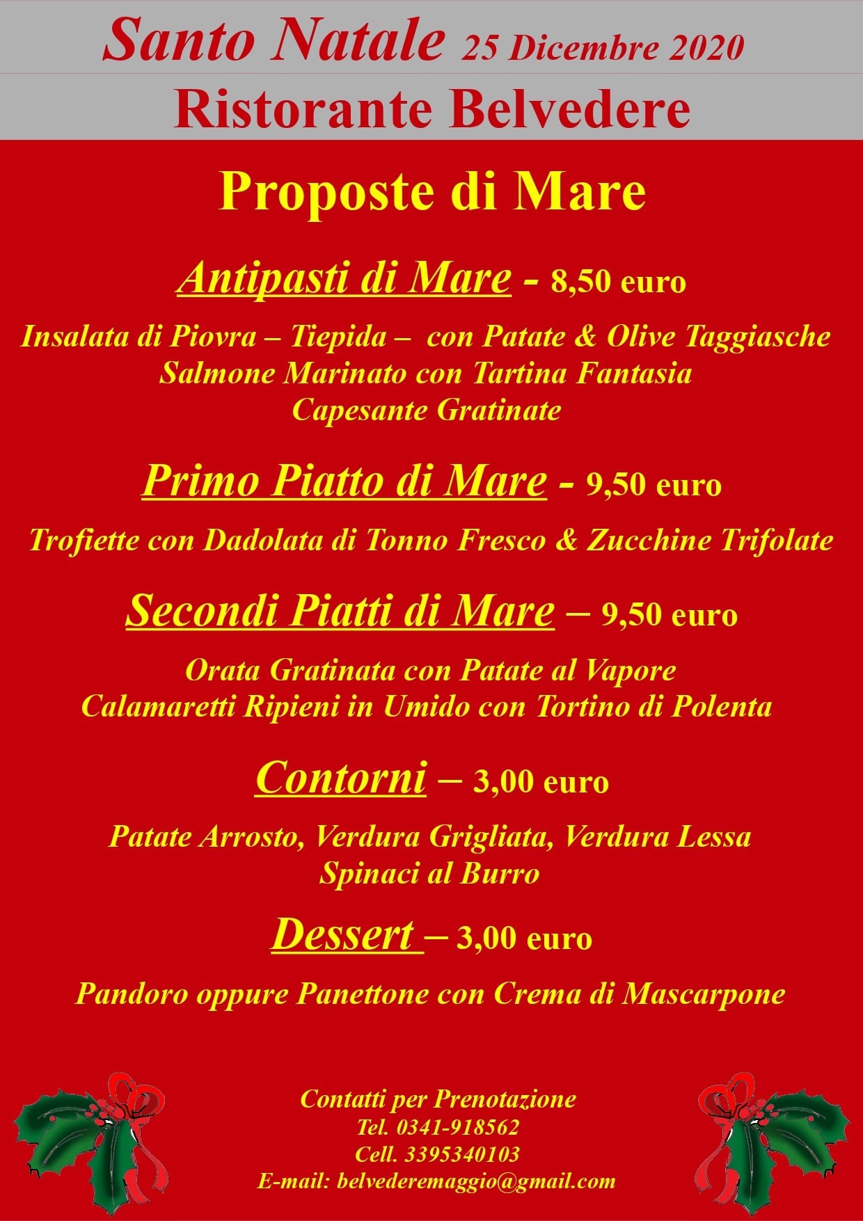 Menù di Natale al Ristorante Pizzeria Belvedere - Lago di Como e Valsassina